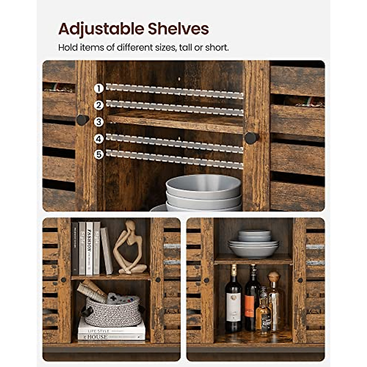 VASAGLE Buffet Cabinet, Sideboard Storage Cabinets with Compartments, Adjustable Shelves, Louvered Doors, 13.8 x 39.4 x 32.1 Inches, Rustic Brown and Black