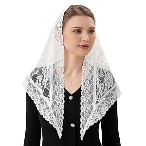 PAMOR Veils for Church Catholic Triangluar Scarf Embroidered Chapel Veil Head Covering Latin Mass Mantilla (White)