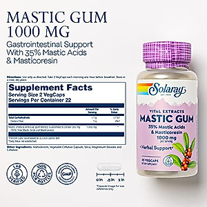 SOLARAY Mastic Gum 1000 mg, Gut Health and Digestion Supplement with 35% Mastic Acids and Masticoresins, Stomach Formula for Digestive Support, 60-Day Money Back Guarantee, 22 Servings, 45 VegCaps