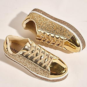 UUBARIS Women's Glitter Tennis Sneakers Neon Dressy Sparkly Sneakers Rhinestone Bling Wedding Bridal Shoes Shiny Sequin Shoes Gold Size 11