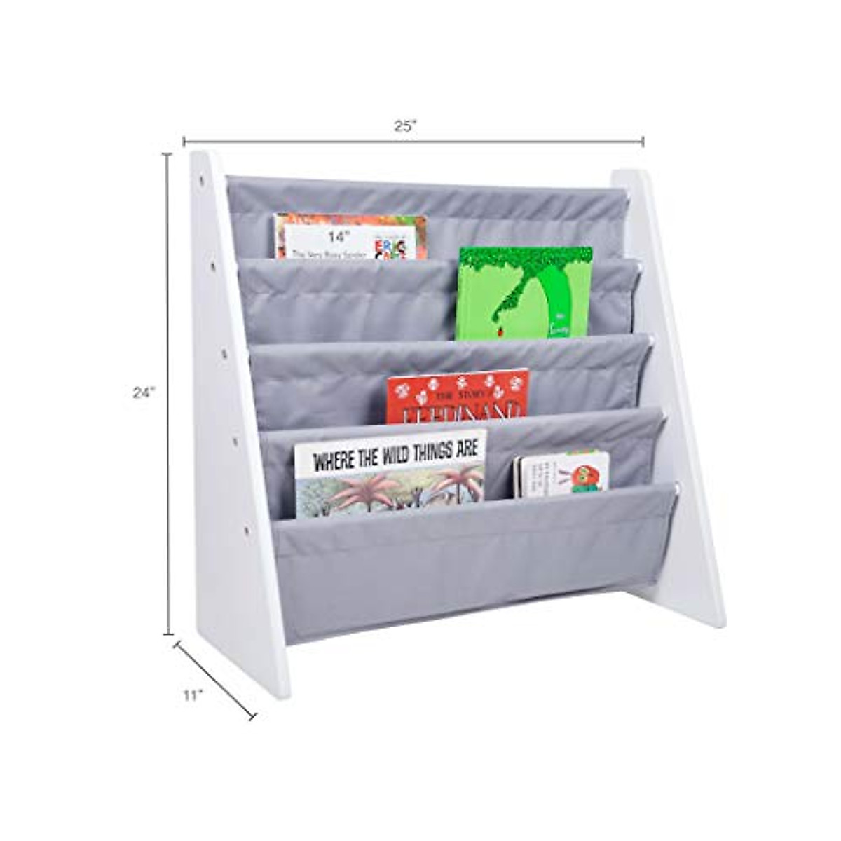 Wildkin Kids Canvas Sling Bookshelf for Boys and Girls, Wooden Design Features Four Fabric Shelves, Keep Bedrooms, Playrooms, and Classrooms Organized, Measures 25 x 24 x 11 Inches (White w/Gray)