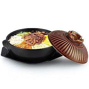Sanbege Large Korean Ceramic Bowl with Lid and Trivet, 54 oz Sizzling Hot Pot with Double Handles for Cooking and Serving Dolsot Bibimbap, Soup, Rice, Stew, Casserole, Noodle (Retro Copper)