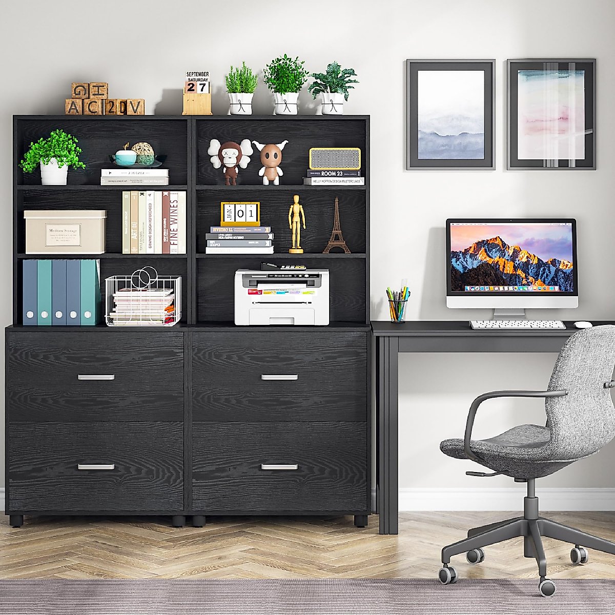 Tribesigns Vertical File Cabinet Modern Wood Filing Cabinet with 2 Large Drawer fit Letter/A4 Size, Large Printer Stand with 4 Open Storage Bookshelves for Home Office, Black