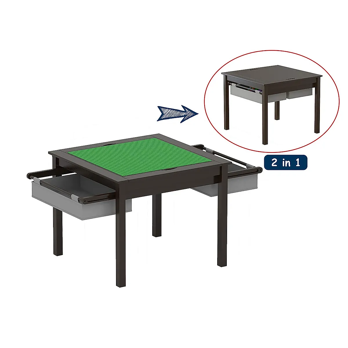 UTEX Wooden 2 in 1 Kids Construction Play Table and 2 Chairs Set with Storage Drawers, and Built in Plate Compatible with Lego and Duplo Bricks (Espresso with Grey Drawer)