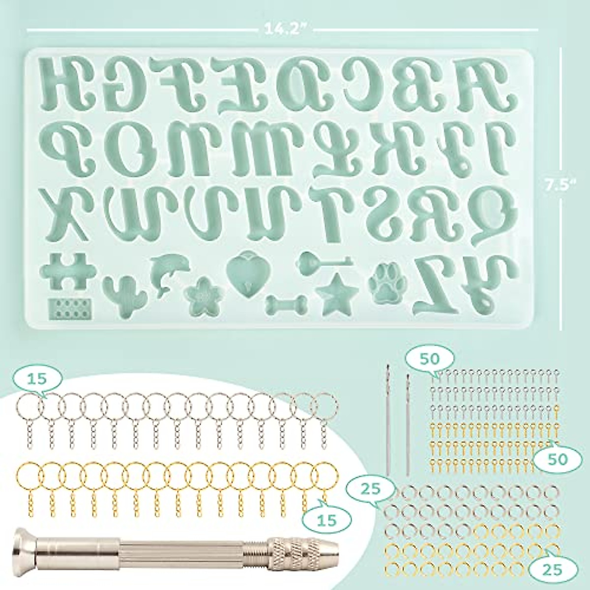 Mocoosy 182Pcs Reversed Silicone Alphabet Resin Molds Kit, Fancy Letter & Ornament Molds Epoxy Resin Casting Molds Resin Keychain Making Set with 1 Hand Drill 2 Drill Bits 30 Key Rings 100 Screw Pins