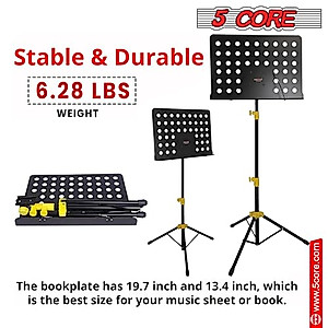 5 Core Sheet Music Stand -Dual Use Professional Portable Music Stand, Metal Desktop Tripod Music Book Stand & Orchestral Sheet Stand, Folding Adjustable Sturdy Heavy Duty for Performance & Band