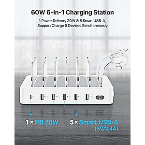SooPii 60W 6-Port Charging Station for Multiple Devices, PD 20W USB C Fast Charging for lPhone 14/13/12,6 Short Cables Included, 2 in 1 Holder,for Phones,Tablets and Others,White