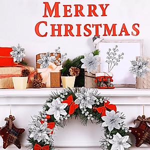 Sggvecsy 30 Pcs 3 Styles Christmas Glitter Poinsettia Flowers Artificial Berry Picks Christmas Tree Ornaments Artificial Christmas Flowers with Clips for Xmas Wreath Wedding Floral Decorations(Silver)