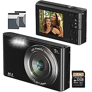 Digital Camera for Kids Teens Boys Girls Adults 4K 44MP with 32GB SD Card, 2.4 Inch Point and Shoot Camera with16X Digital Zoom, Compact Mini Camera Kids Camera for Students Seniors（Black1）