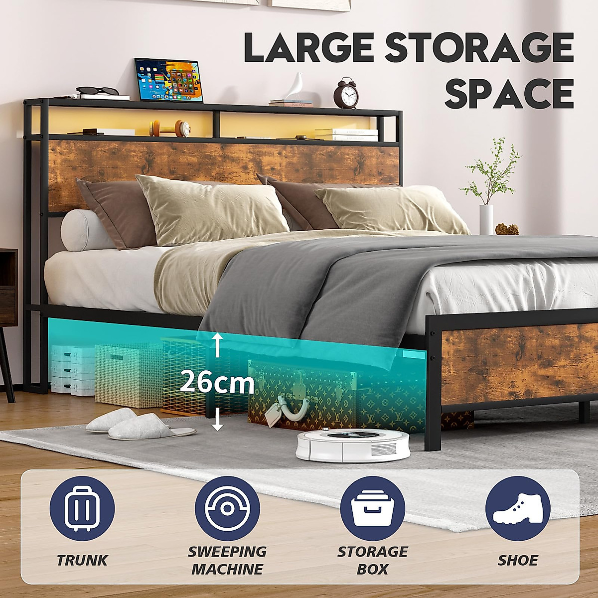 Modern Industrial Bed Frame with LED Lights,2-Tier Storage Headboard with Charging Station,Industrial Metal Platform LED Bed Frame with Outlets and USB Ports,Noise Free,No Box Spring Needed