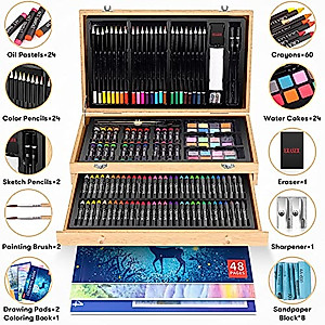 Art Supplies, iBayam 150-Pack Deluxe Wooden Art Set Crafts Drawing Painting Kit with 1 Coloring Book, 2 Sketch Pads, Creative Gift Box for Adults Artist Beginners Kids Girls Boys