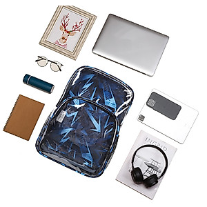 BLUEFAIRY Clear Backpack for School Stadium Approved Large PVC See Through Bag Heavy Duty Bookbag Transparent Plastic Bag for Students Work Events 17" Geometric Blue