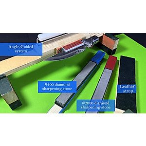 Knife Sharpener tool Sharpening Kit Professional Knife sharpening System Angle fixed adjustable guided diamond sharpening stones for kitchen camping hunting knives. Jig and Stropping leather compound.