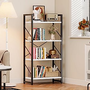 DWVO 4 Tier Bookshelf, Small Book Shelf Modern Bookcase, Narrow Book Case Book Storage Organizer for CD/Movie/Book, Bookshelves for Bedroom Office Living Room, White & Black