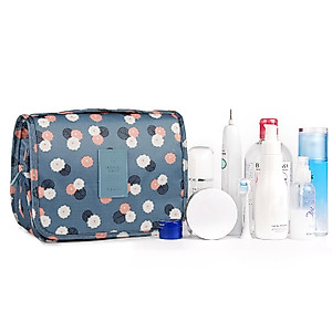 Narwey Hanging Toiletry Bag for Women Travel Makeup Bag Organizer Toiletries Bag for Travel Size Cosmetics Essentials Accessories (Blue Flower)