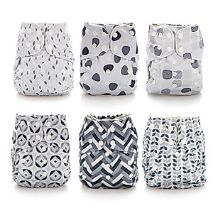 Simple Being Reusable Cloth Diapers, Double Gusset, One Size Adjustable, Washable Soft Absorbent, Waterproof Cover, Eco-Friendly Unisex Baby Girl Boy, six 4-Layers Microfiber Inserts (Greys)