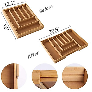 PENGKE Bamboo Kitchen Drawer Organizer for Utensils Holder,Expandable Cutlery Tray with Divider,Silverware Flatware Storage and Removable Knife Block,7 - 9 Slot