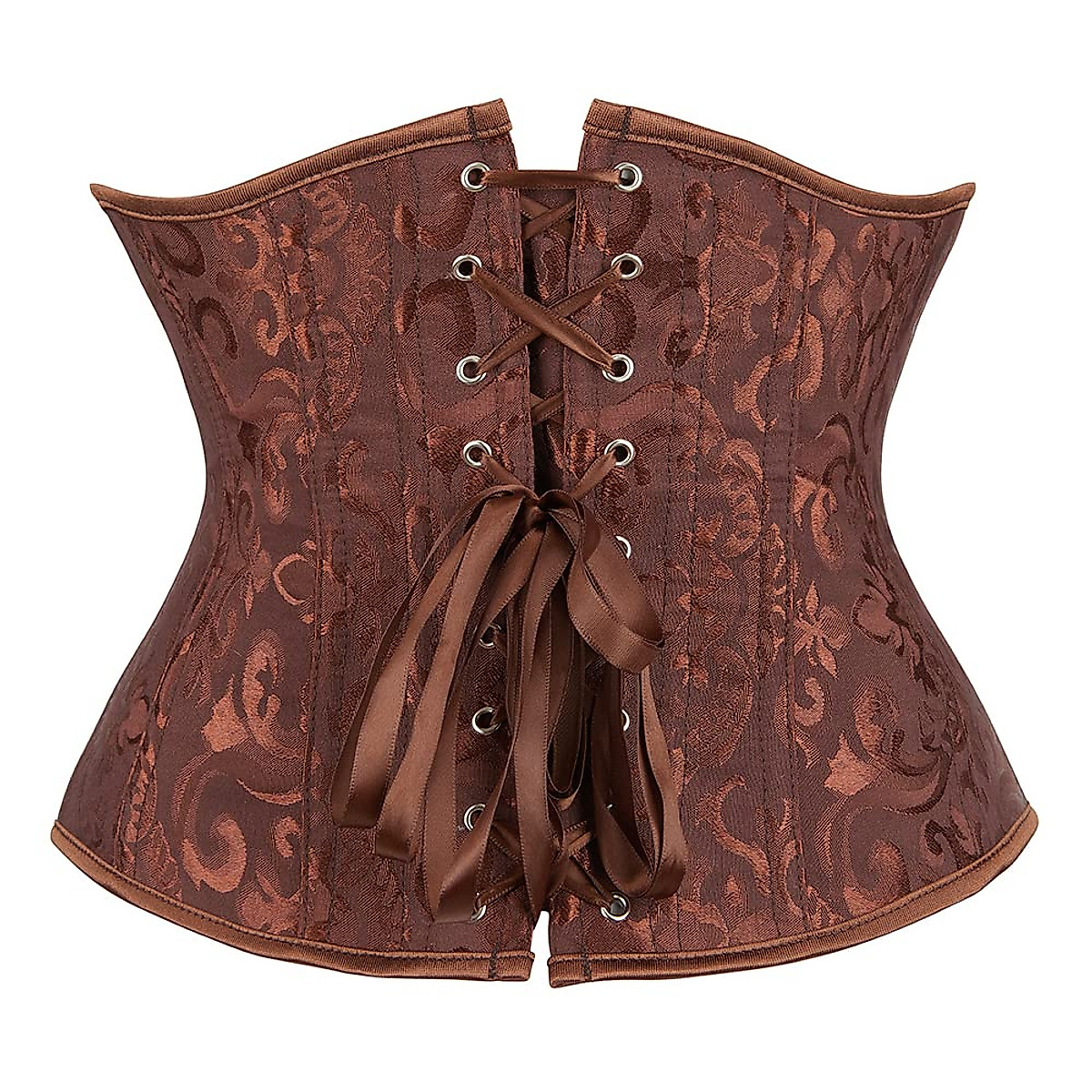 SHYMMUO Women's Underbust Brown Corset Top Satin Floral Lace Up Corset Cincher L