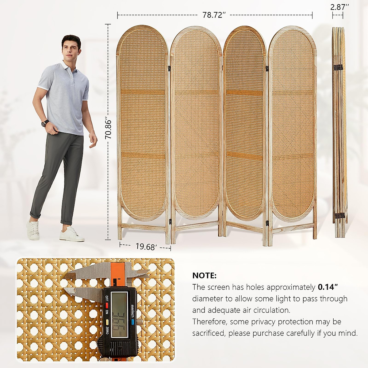 Asnefeli 4 Panels Room Dividers, Foldable Wooden Room Dividers, Individual Privacy Screens Made of Hand-Woven Rattan, Portable Wall Dividers for Home Office Bedroom Bathroom Dressing Room (Natural)