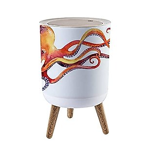 Trash Can with Lid Watercolor Octopus Hand Painted Press Cover Small Garbage Bin Round with Wooden Legs Waste Basket for Bathroom Kitchen Bedroom 7L/1.8 Gallon