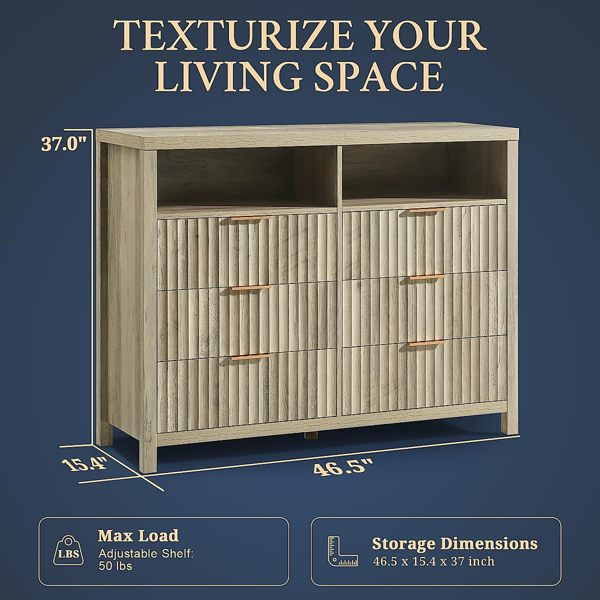 OAKHAM HOME Oxford Fluted 6 Drawer Dresser for Bedroom, Wide Modern Wooden Chest of Drawers with 2 Shelves, TV Stand of Drawers, Wood Drawer Organizer, 46.5" W x 37" H x 15.4" D (Sunwashed Ash Oak)