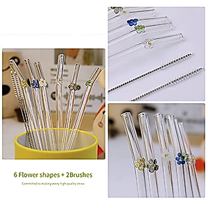 6-Pack Reusable Glass Straws with Flowers,Glass Straws Shatter Resistant,8''x8 MM,6 Bent with 2 Cleaning Brushes - Perfect for Smoothies, Milkshakes, Tea, Juice - Dishwasher Safe
