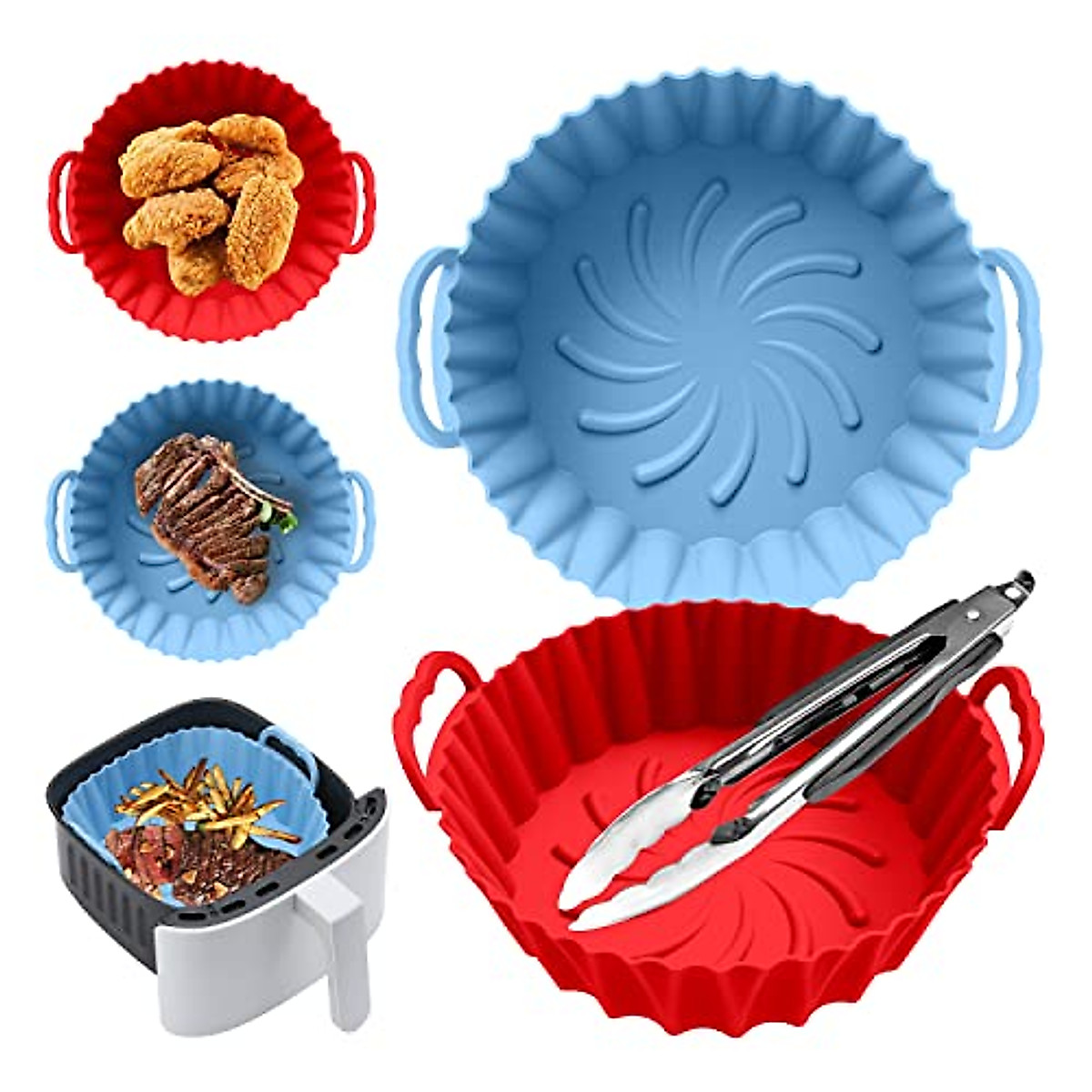 2-Pack Silicone Air Fryer Liner, 8inch Reusable Air Fryer Basket Food Safe Air Fryers Oven Accessories Easy Cleaning Air fryers Silicone Pot Round for 3 to 5 QT Air Fryer with Kitchen Cooking Tong