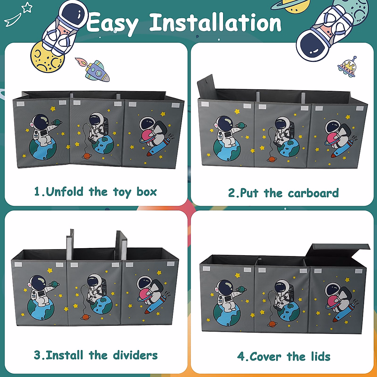 JAYSDAYLY Large Toy Box Storage Organizer,Sturdy Toys Storage Chest Bin Basket with Dividers and Lids for Toddlers,Boys,Girls,Nursery,Closet,Living Room Area,Playroom(Grey Astronaut)