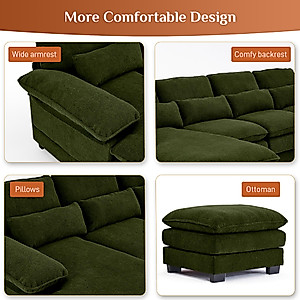 OUYESSIR U Shape Sectional Sofa Cloud Couch for Living Room, Modern Chenille Comfy Modular Sofa, 4 Seat Upholstery L-Shaped Sleeper Sofa with Chaise Lounge & Ottoman, 114" (Emerald Green