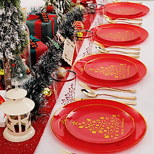 LIYH 150 PCS Plastic Christmas Dinnerware Set, Red Plastic Christmas Plates, Disposable Christmas Dinnerware with Christmas Tree Design, Plastic Christmas Silverware, Christmas Cups 25 Guests