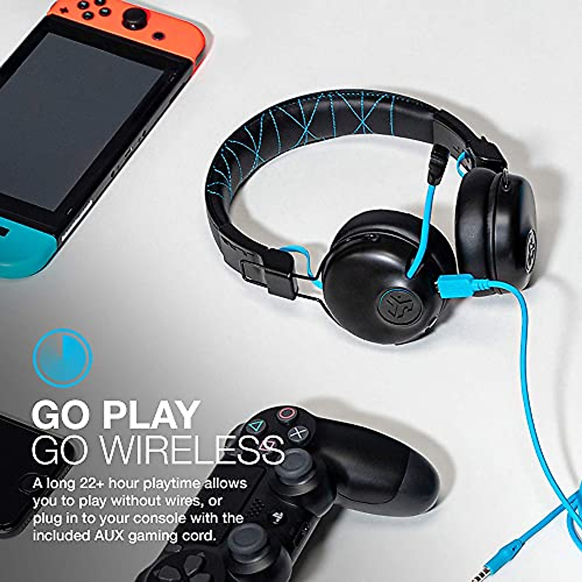 JLab Audio Play Gaming Wireless Headset | 22+ Hour Bluetooth 5 Playtime 60ms Super-Low Latency for Mobile Gameplay | Retractable Boom Mic | AUX Gaming Cord Compatible with Gaming Consoles (Renewed)