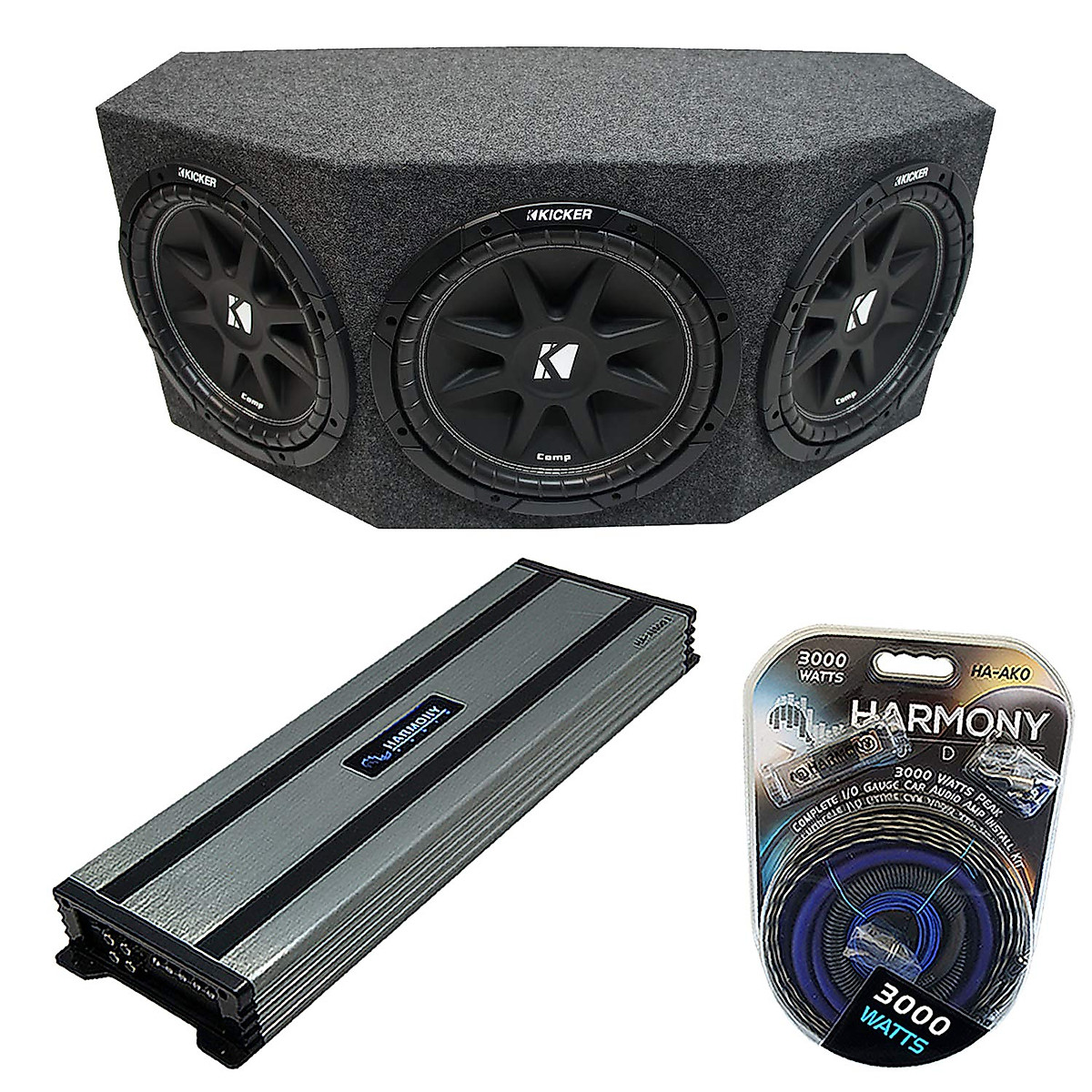 Harmony Audio Kicker Bundle Comp C10 Triple 10" Subwoofer Loaded 1500 Watt Sub Box Enclosure & Harmony HA-A1500.1 Amp
