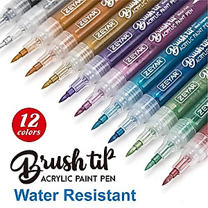 ZEYAR Acrylic Paint Pens, Brush Tip, Water based, Metallic Colors, Writes on Paper, Rock, Rubber, Ceramics, Wood, Glass and more (12 Metallic Colors)