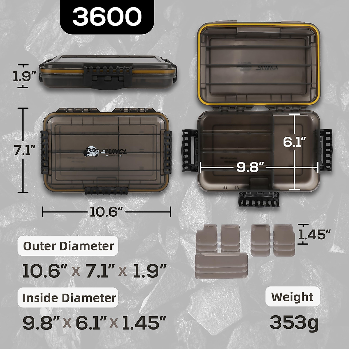 RUNCL Fishing Tackle Box, Waterproof Tray for Jigs Lures, Thicker Floating Tackle Utility Box with Adjustable Dividers, 3600/3700/Large 3700 Size