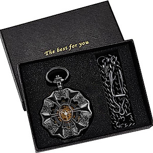 Realpoo Black Irregular Men's Mechanical Pocket Watch, Hollow Black Roman Dial Necklace Mechanical Pocket Watch for Men
