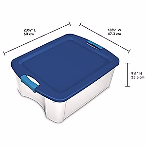 Sterilite 12 Gal Latch and Carry, Stackable Storage Bin with Latching Lid, Plastic Container to Organize Closets, Clear with Blue Lid, 6-Pack