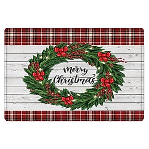 HVEST Christmas Memory Foam Bath Mat, Christmas Garlands with Red and Black Plaid on Rustic Wood Planks Non Slip Bath Rug Kitchen Mat Door Mat Washable Absorbent Bathroom Décor Rug, 16 X 24 Inches