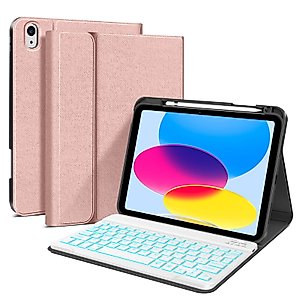 JUQITECH iPad 10th Generation Case with Keyboard 2022 10.9inch - 7Colors Backlit Wireless Rechargeable Detachable Keyboard, Flip Stand Keyboard Cover Case with Pencil Holder for New iPad 10th Gen 2022
