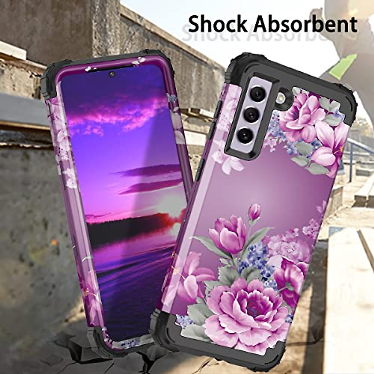 LONTECT for Galaxy S21 FE 5G Case [Not fit S21 5G] Floral Shockproof Heavy Duty 3 in 1 Hybrid Sturdy Protective Cover Case for Samsung Galaxy S21 FE 5G 2022, Purple Flower/Black