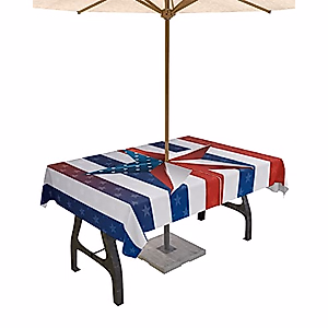 Outdoor Tablecloth with Umbrella Hole,July Patriotic Pentagram American Flag Spillproof Table Cloth for Rectangle Tables,Red Blue Stars Stripes Zippered Table Cover Washable Tablecloths for Patio