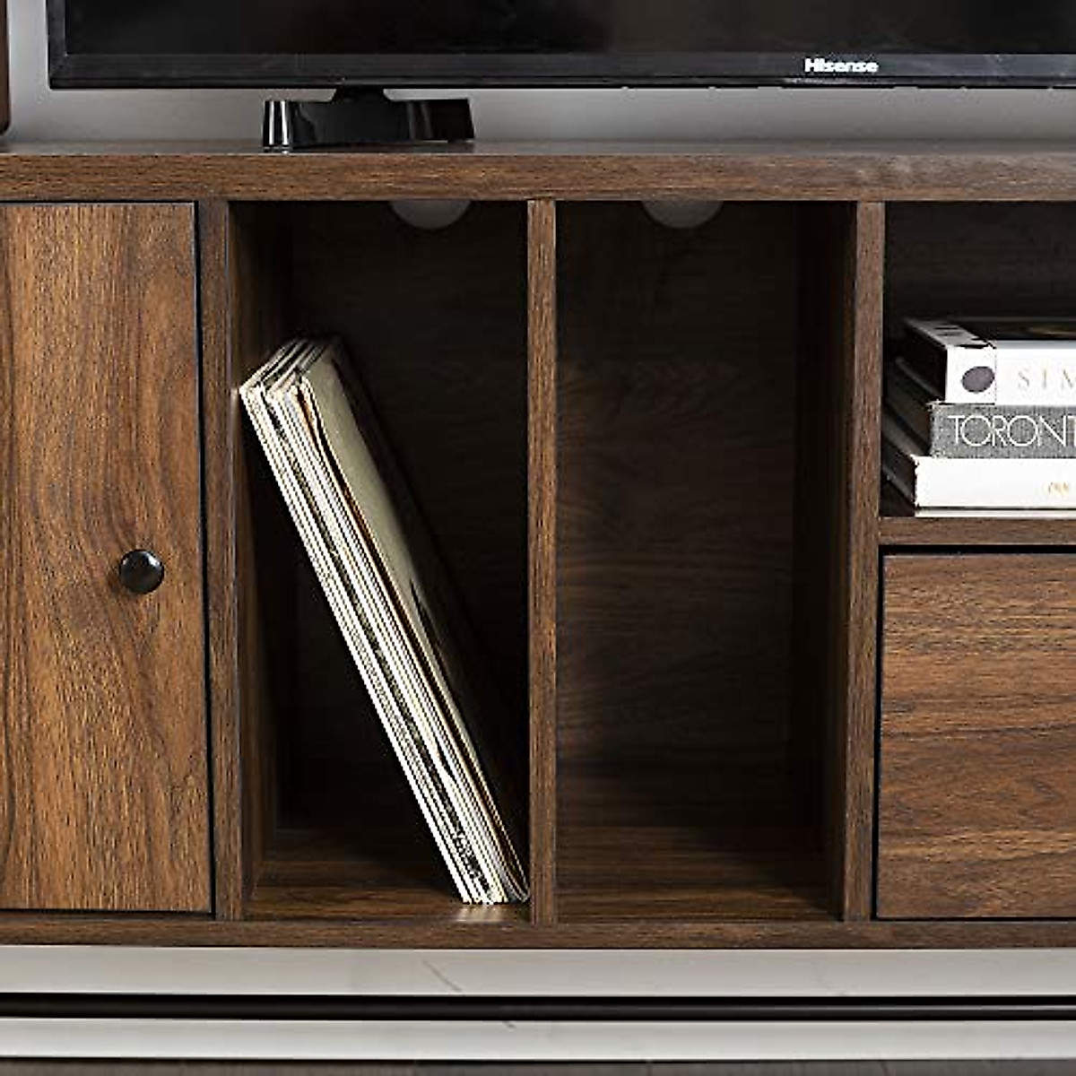 Walker Edison Modern Wood TV Stand with Record Storage for TV's up to 65" Flat Screen Universal TV Console Living Room Storage Cabinet Doors Shelves Entertainment Center, 60 Inch, Dark Walnut