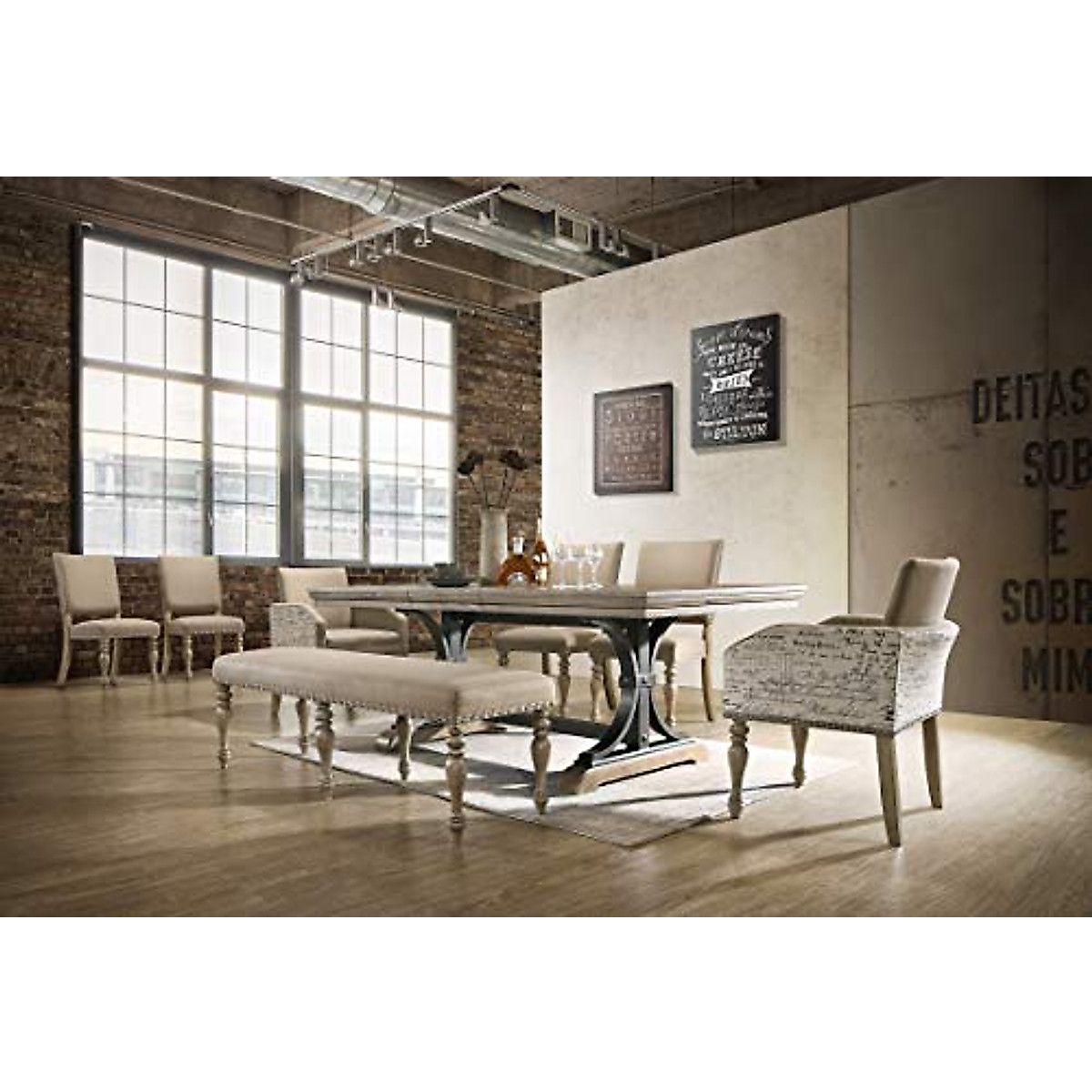 Roundhill Furniture Birmingham 8-Piece Extendable Table with Nailhead Bench and Armchairs Dining Set, Driftwood