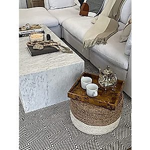 S & L Homes Pouf Ottoman - 100% Jute Braided Footrest Pouf Hand Knitted Traditional Cord Boho Pouffe for Living Room, Bedroom, Nursery, Patio, Lounge Colorblock - Natural Ivory (20”x20”x10”)