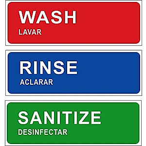Outdoor/Indoor 9" x 3" - Wash, Rinse, Sanitize Sink Labels for 3 Compartment Sink - Back Adhesive Sticker Signs for Restaurants, Commercial Kitchens, Food Trucks, Dish Washing or Wash Station etc.