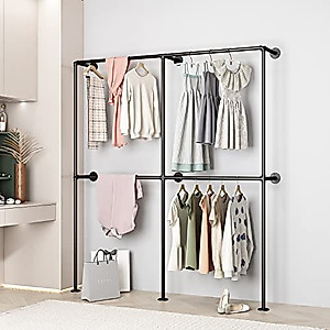 BOSURU Industrial Pipe Clothing Rack Wall Mounted,Clothes Racks with Double Hanging Rods for Closet Storage(Black)
