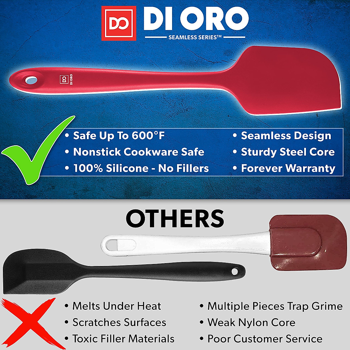 DI ORO - Large Silicone Spatula - 600ºF Heat-Resistant Spatula - Seamless Design - Pro-Grade Non-Stick Silicone Rubber with Reinforced Stainless Steel S-Core Technology (RED)