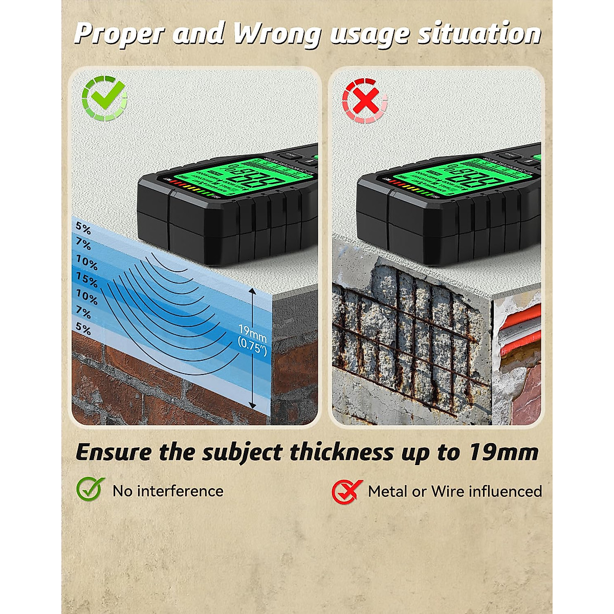 Pinless Wood Moisture Meters Water Leak Detector for Lumber Concrete Building -Wall Moisture Sensor Digital Humidity Tester for Firewood (Pinless)