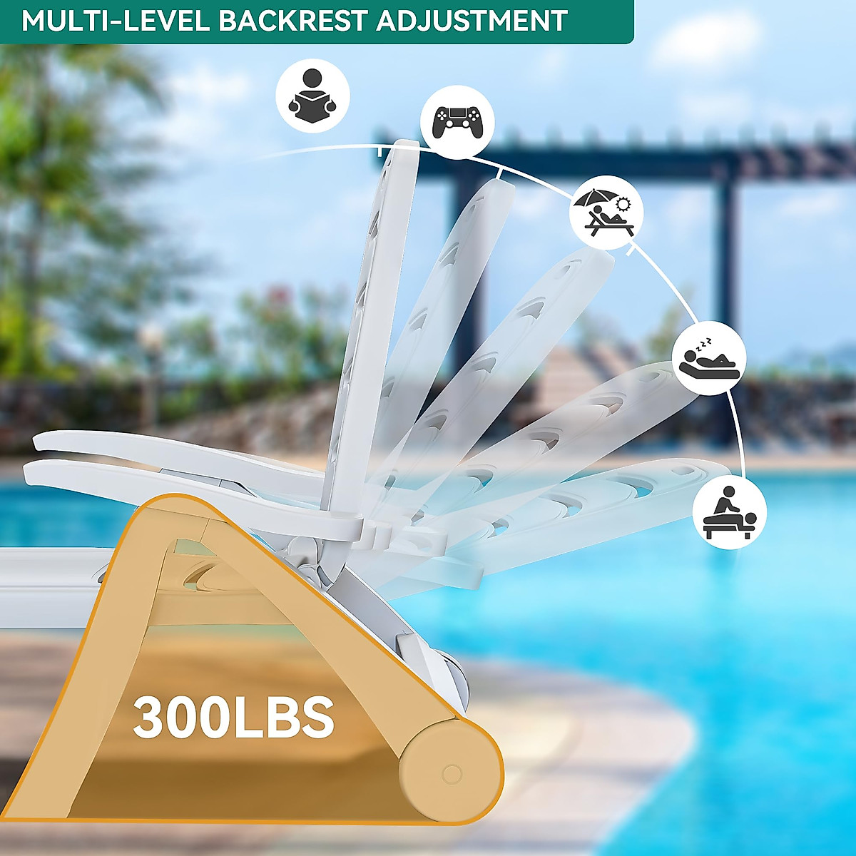 YITAHOME Outdoor Chaise Lounge on Wheels, Set of 4 PP Plastic Folding Patio Chairs with 5-Level Adjustable Backrest for Pool, Garden, Beach, Sunbathing, Yard, and Poolside Lounging