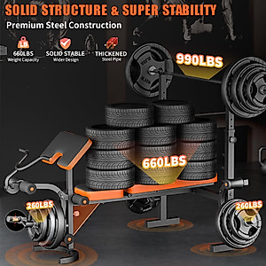 Fostoy Adjustable Weight Bench, Bench Press Rack with Squat Rack, Olympic Weight Benches for Home Gym, 6 in 1Workout Bench with Leg Developer&Preacher Curl, Flat Incline Bench for Full Body Strength