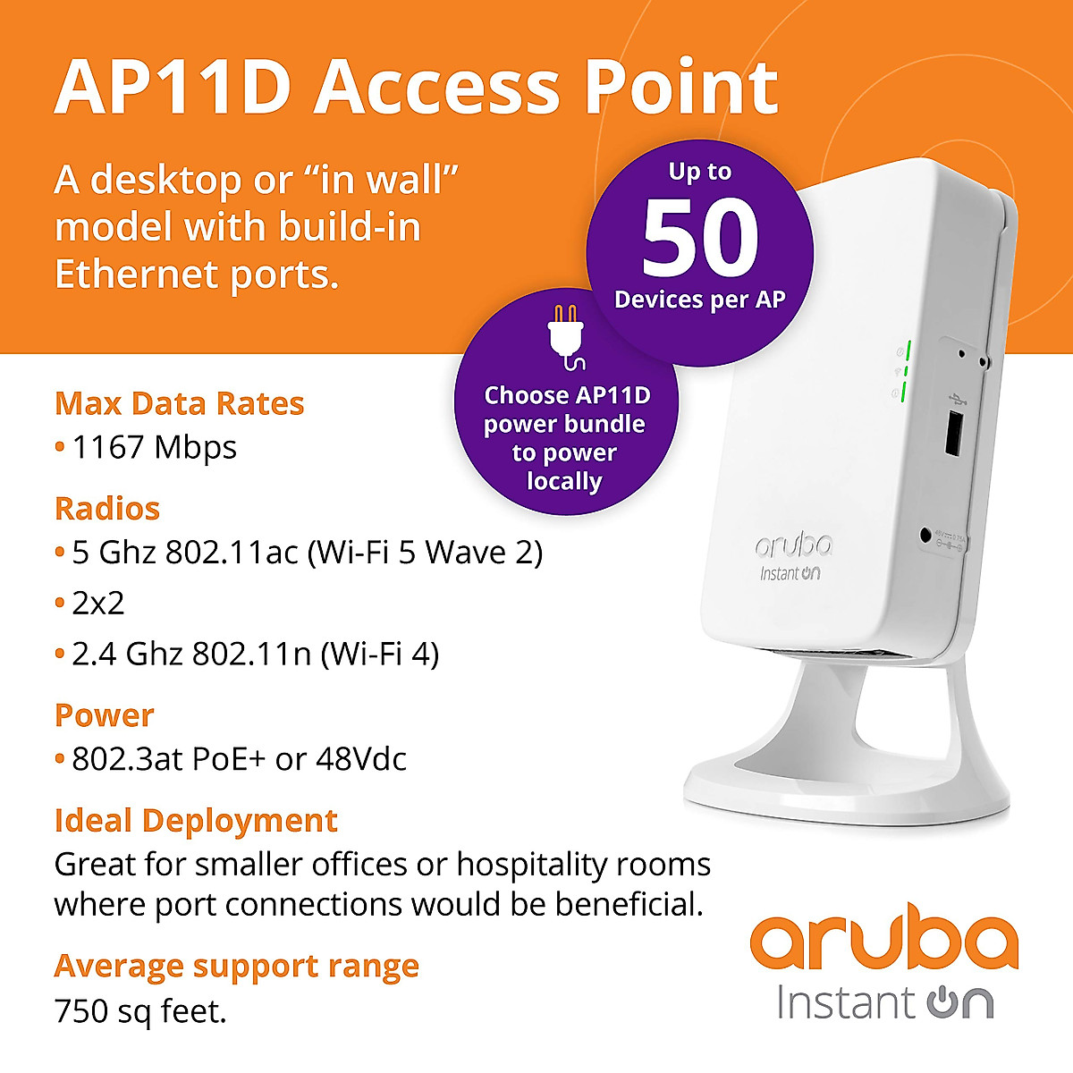 HPE Networking Instant On Access Point AP11D 2x2 WiFi 5 Indoor Wireless Access Point with Uplink and 3 Local Ports | Power Source Included | US Model (R3J25A)